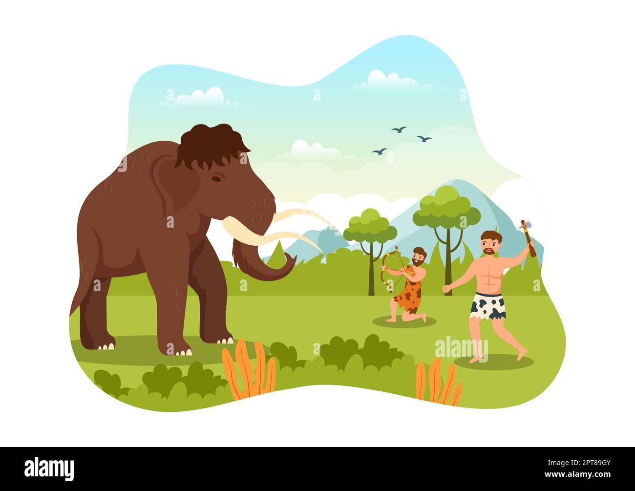 Prehistoric Stone Age Tribes Hunting Large Animals with Weapon in Flat ...