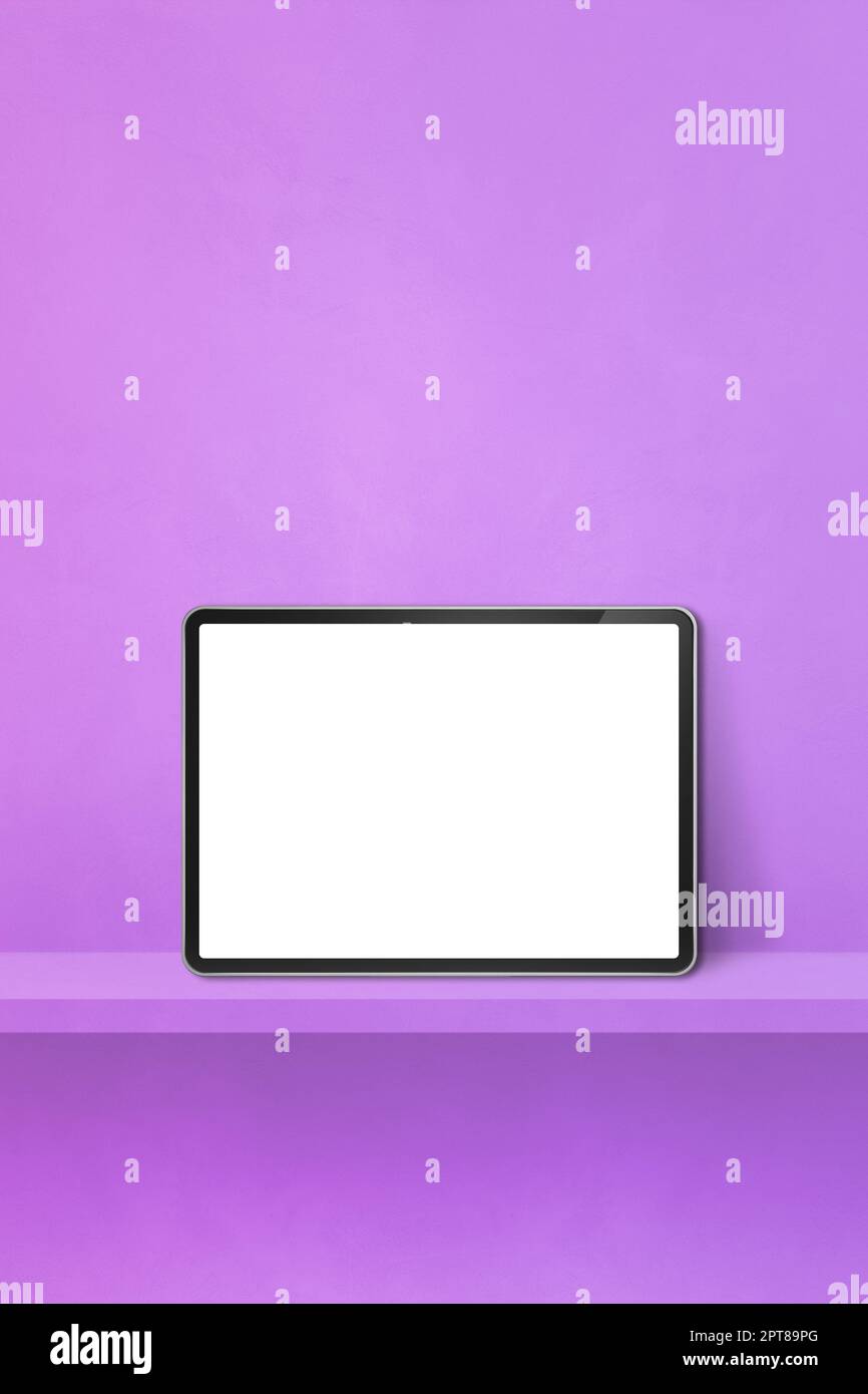 Digital tablet pc on purple wall shelf. Vertical background banner. 3D ...