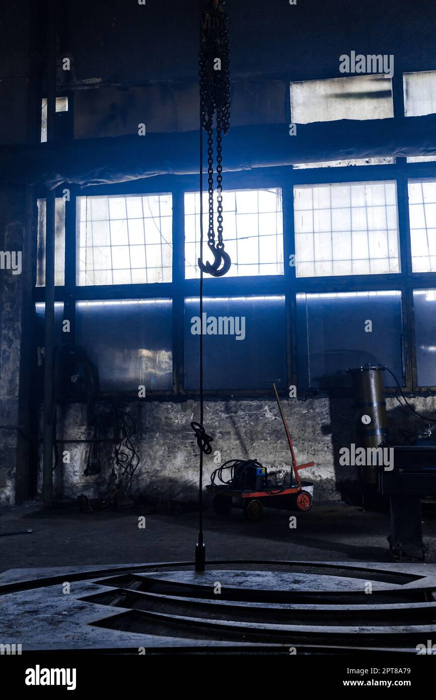 steel chain hook of electric hoist. industrial background Stock Photo ...