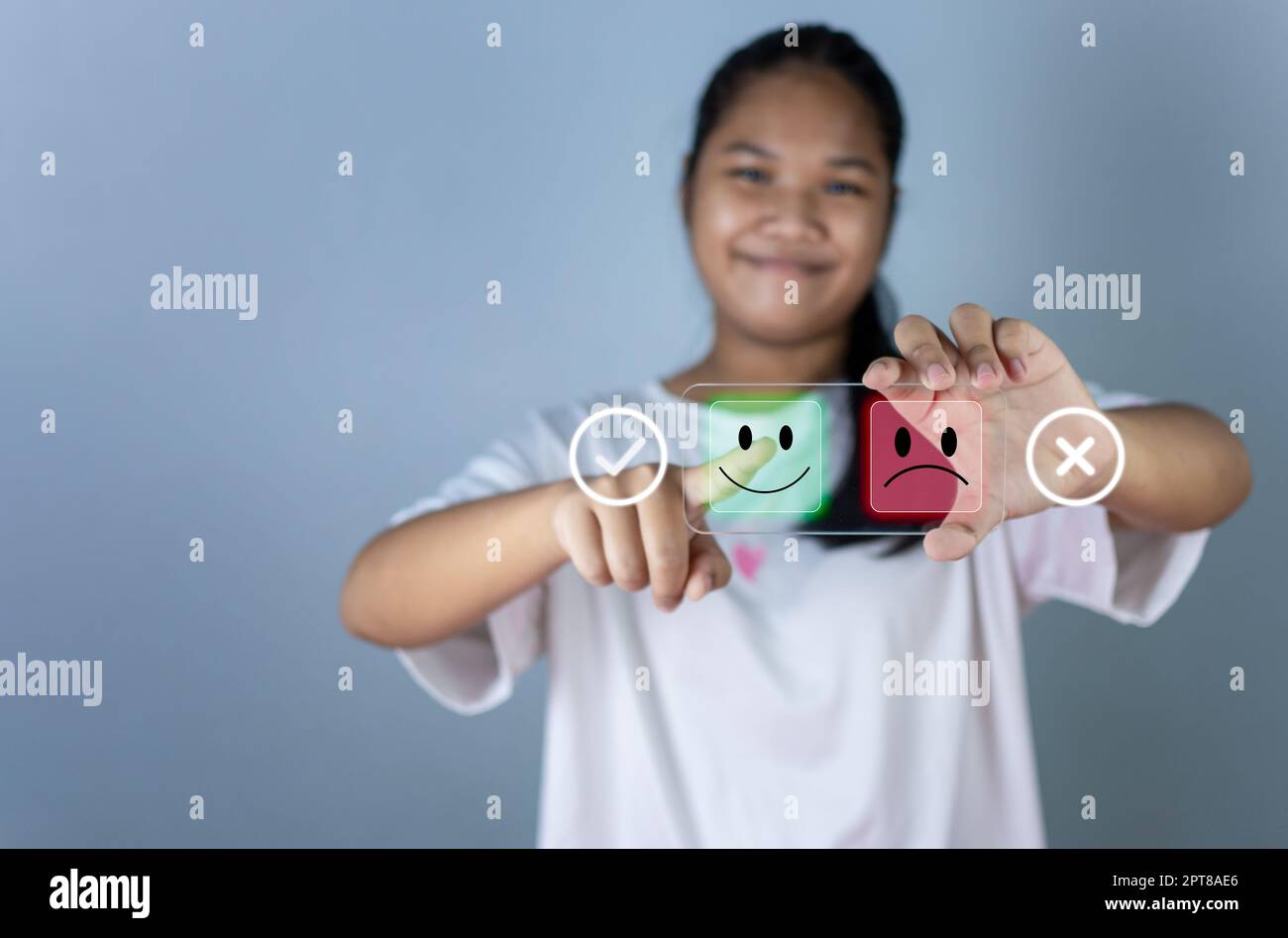 Hand choosing happy smile icon. represents feedback rating and positive ...