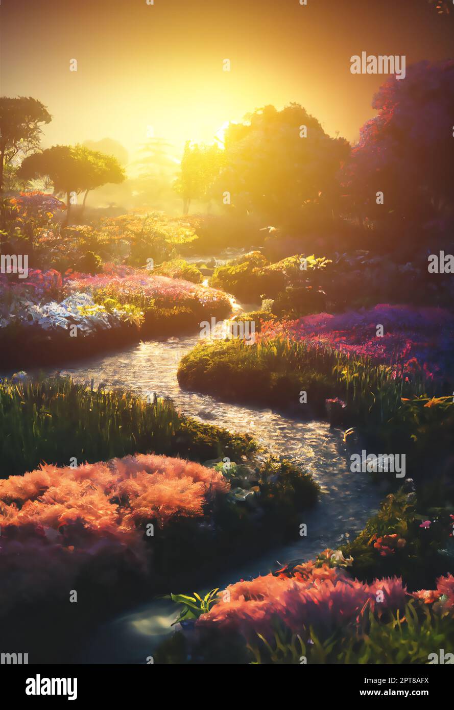 Summer nature scene with forest, flower and water stream 3D ...