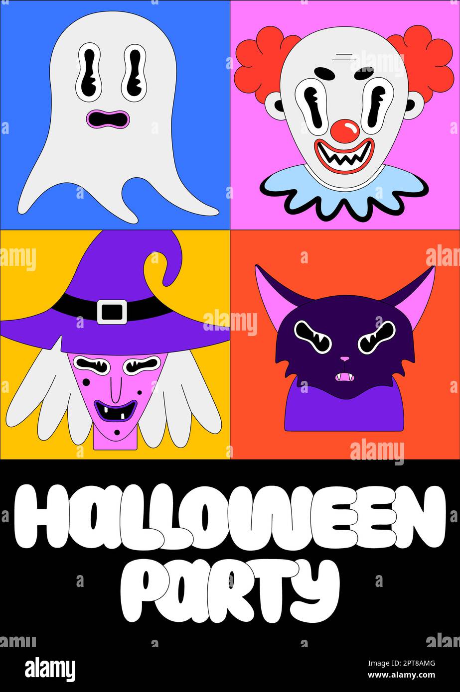 Halloween holiday. Colorful spooky fantasy characters in bright frames ...