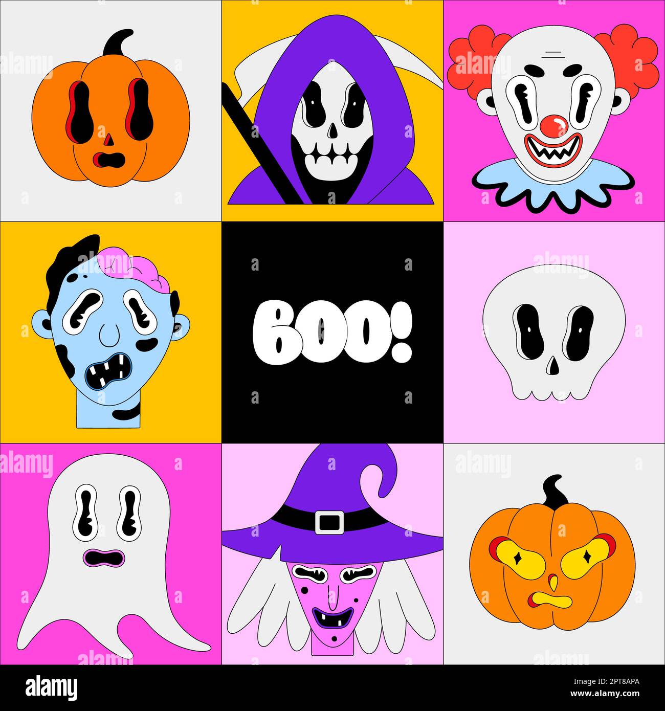 Halloween seamless pattern. Colorful spooky fantasy characters in ...
