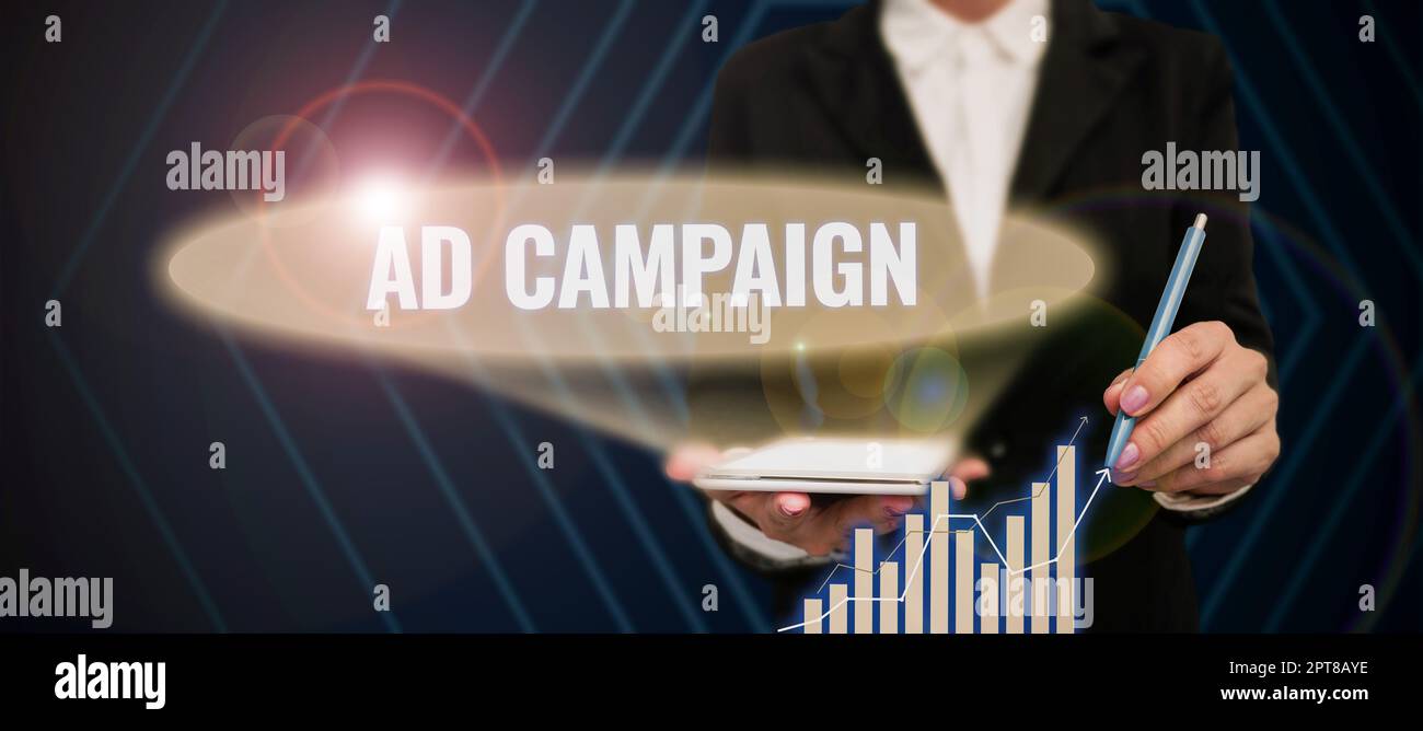 Text sign showing Ad Campaign, Concept meaning promotion of specific ...