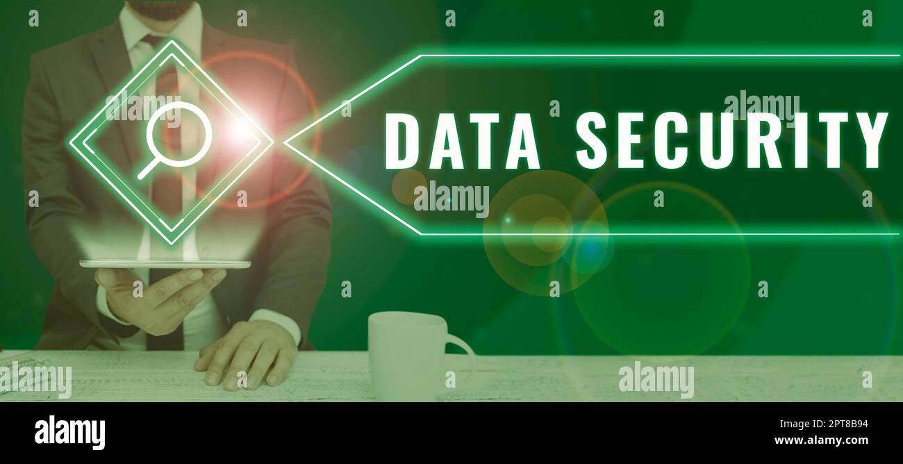 Text caption presenting Data Security, Word Written on Confidentiality Disk Encryption Backups ...