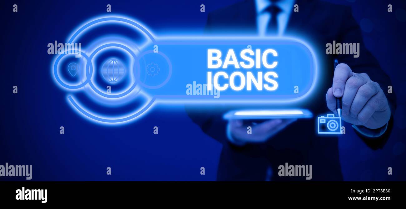 Conceptual caption Basic Icons, Word Written on pictogram or ideogram ...