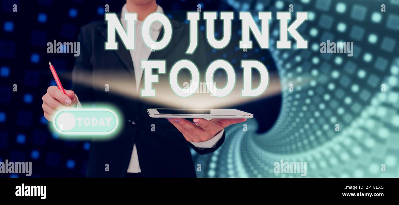 Conceptual display No Junk Food, Word for Stop eating unhealthy things ...