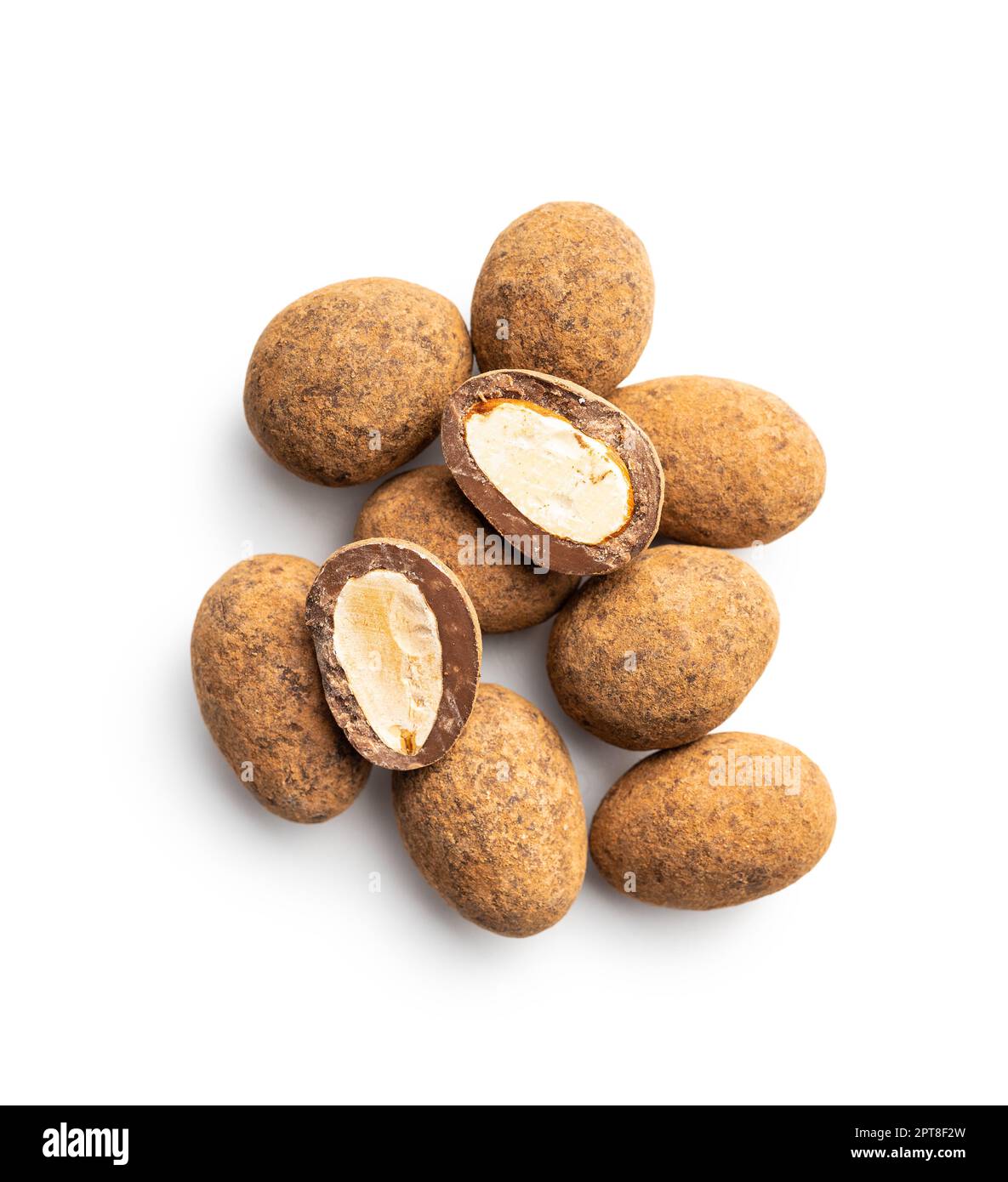 Almonds in chocolate coated in cocoa powder isolated on a white ...