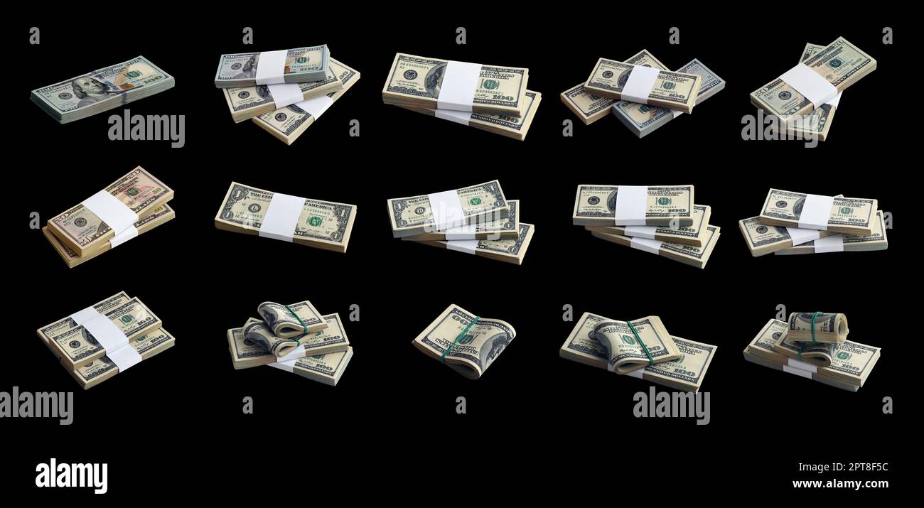 Big set of bundles of US dollar bills isolated on black. Collage with ...
