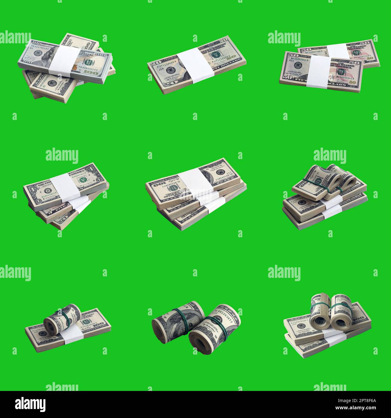 Big set of bundles of US dollar bills isolated on chroma key green ...