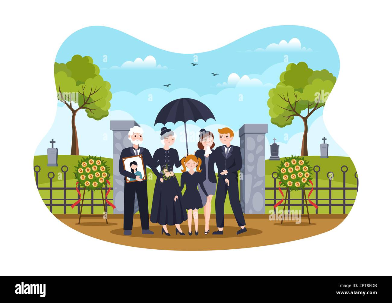 Funeral Ceremony in Grave of Sad People in Black Clothes Standing and ...