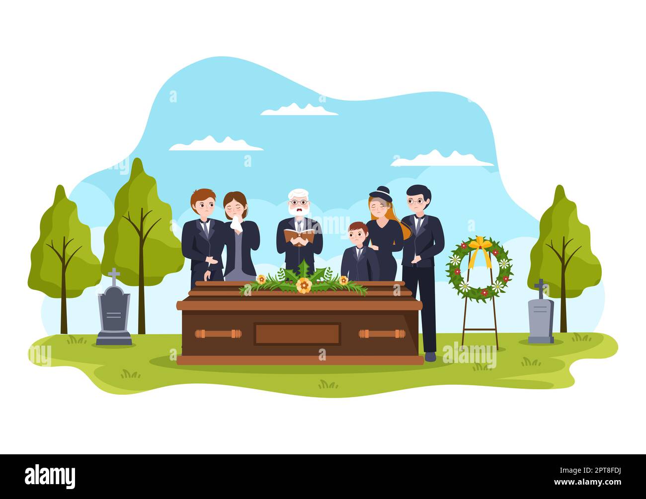 Funeral Ceremony in Grave of Sad People in Black Clothes Standing and Wreath Around Coffin in ...