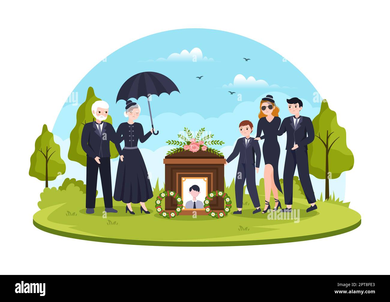Funeral Ceremony in Grave of Sad People in Black Clothes Standing and ...