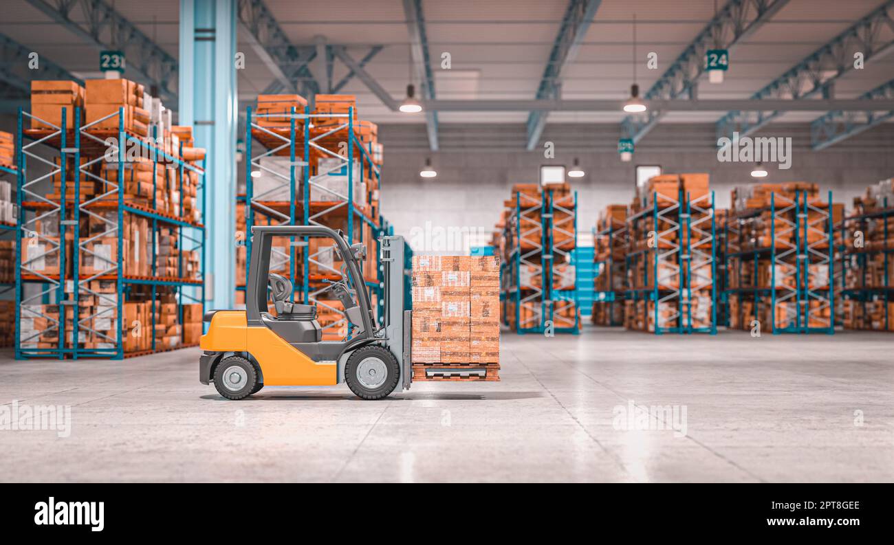 forklift with pallets inside a warehouse. 3d render Stock Photo - Alamy