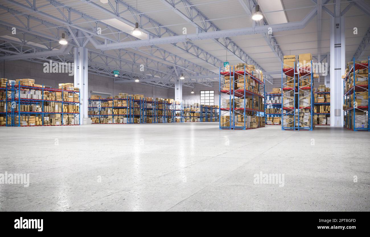 interior of a large warehouse with shelves and goods. 3d render Stock ...