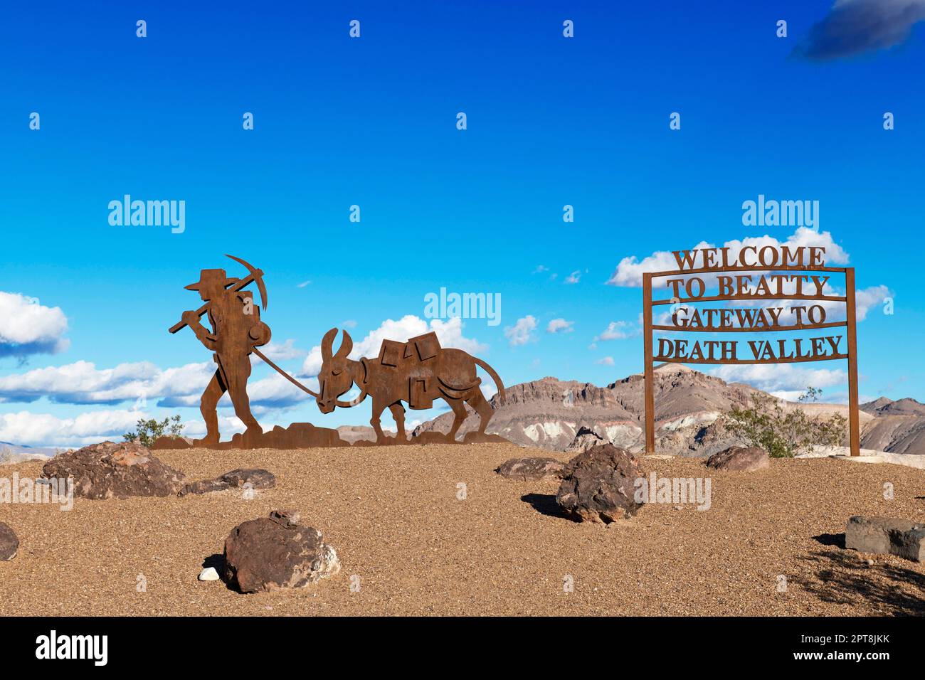 Steel gold-miner's place-name sign from Beatty, Nevada, USA Stock Photo ...