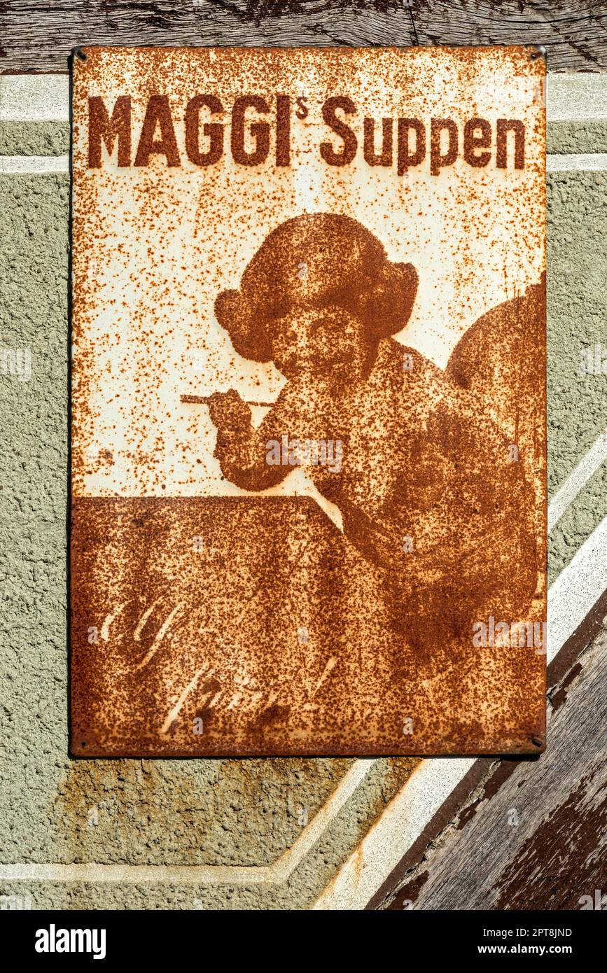 Rusty historical tin sign, Maggi's soups, advertisement for Maggi ...