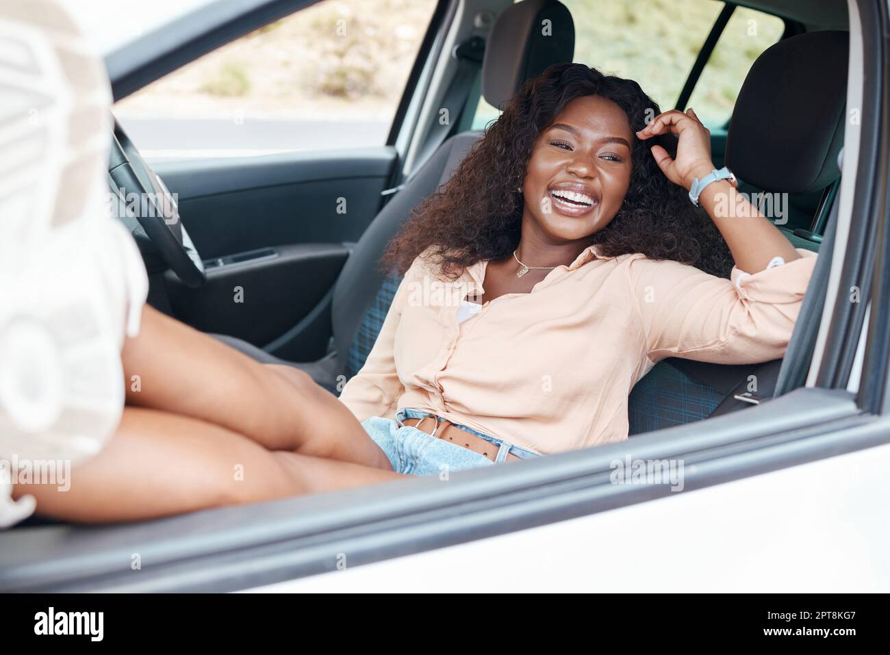 Black woman, car and feet out window on drive, roadtrip or vacation ...