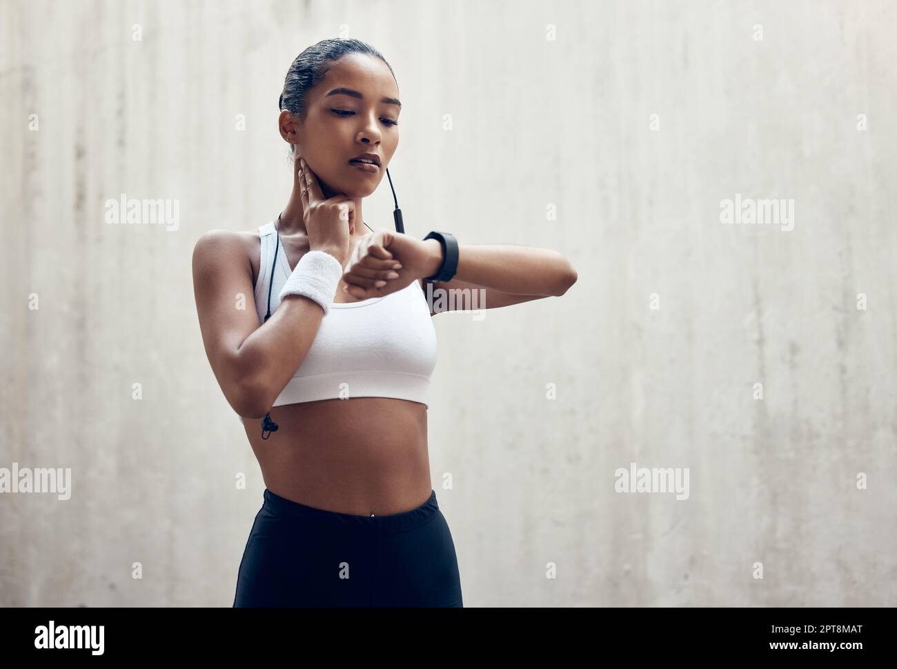 Smartwatch, fitness and thinking black woman check time running results ...