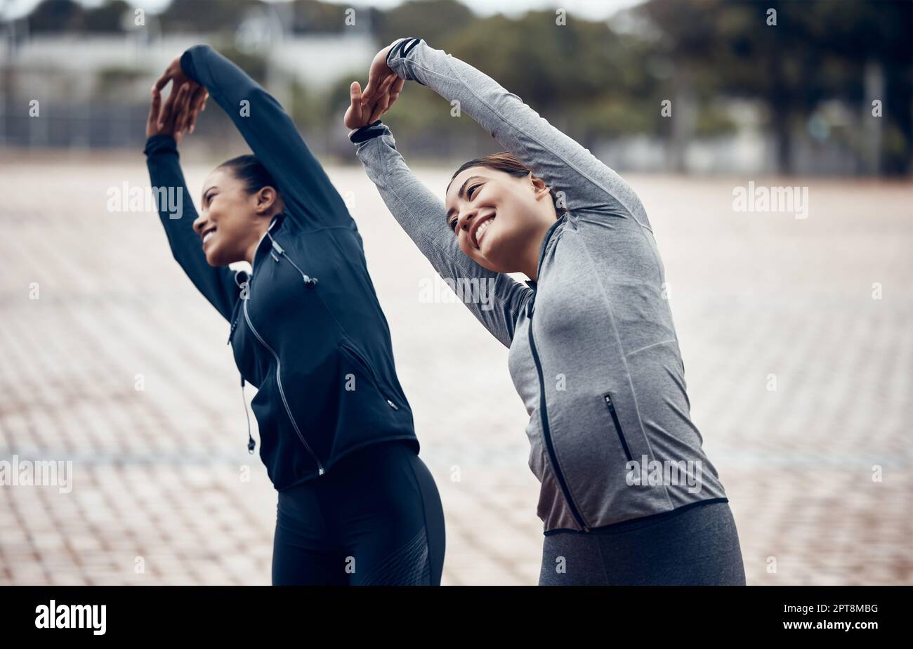 Fitness, friends and stretching with women in city for sports training ...