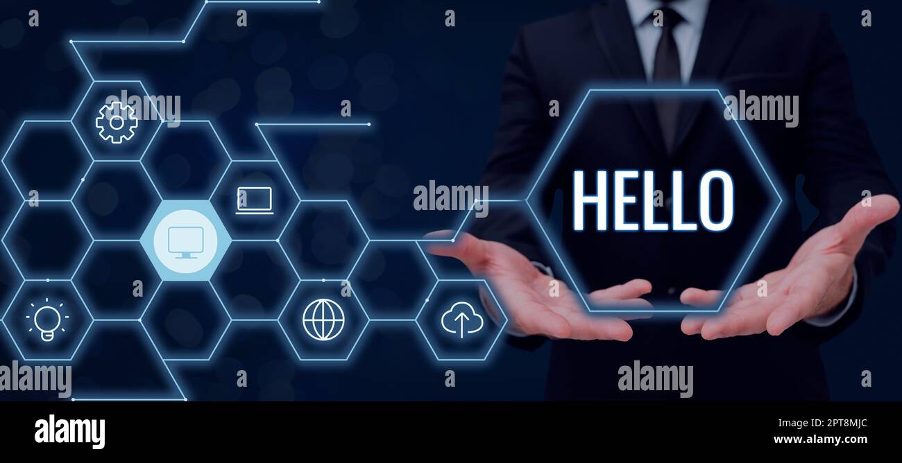 Hand writing sign Hello, Business idea alteration of hallo which was an ...