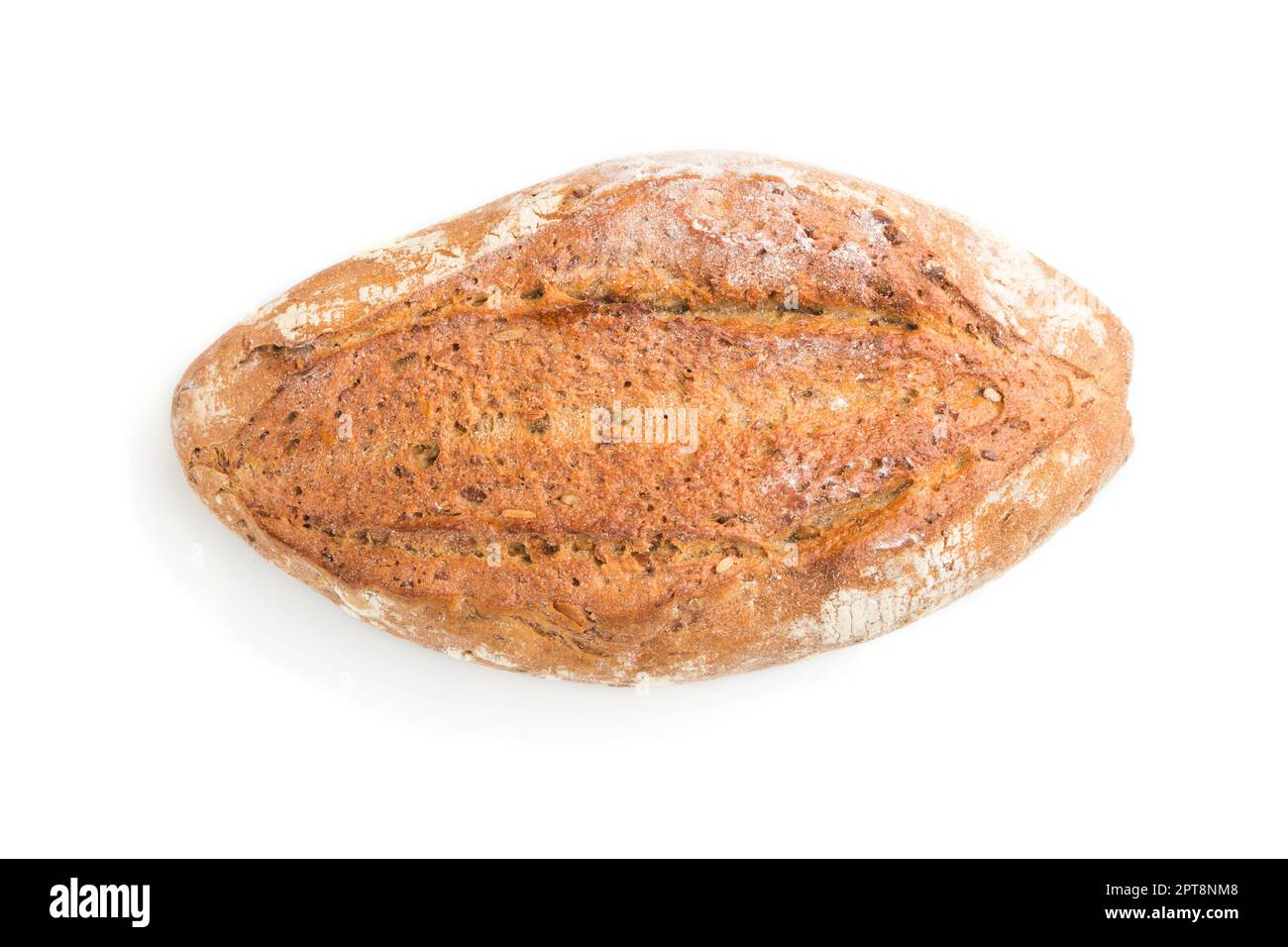Fresh homemade golden bread with different seeds isolated on white ...