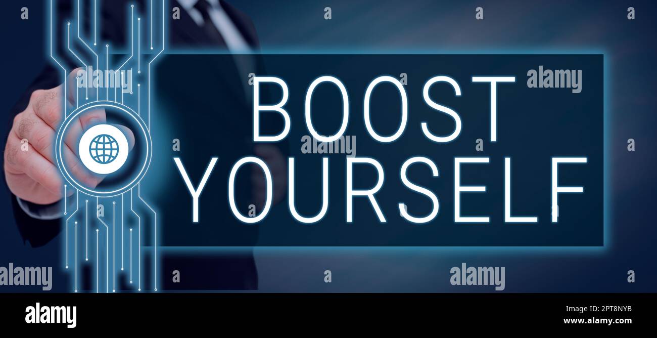 Conceptual caption Boost Yourself, Word Written on delivering a lift up ...