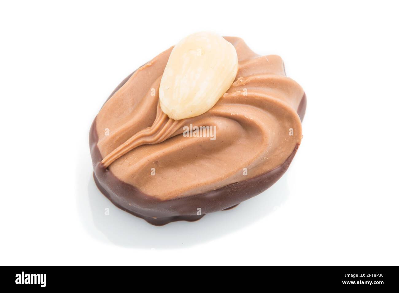 Single chocolate candy isolated on white background. side view, close ...