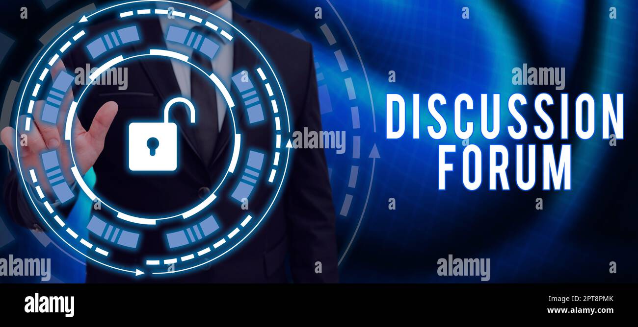 Hand writing sign Discussion Forum, Business showcase practice of ...