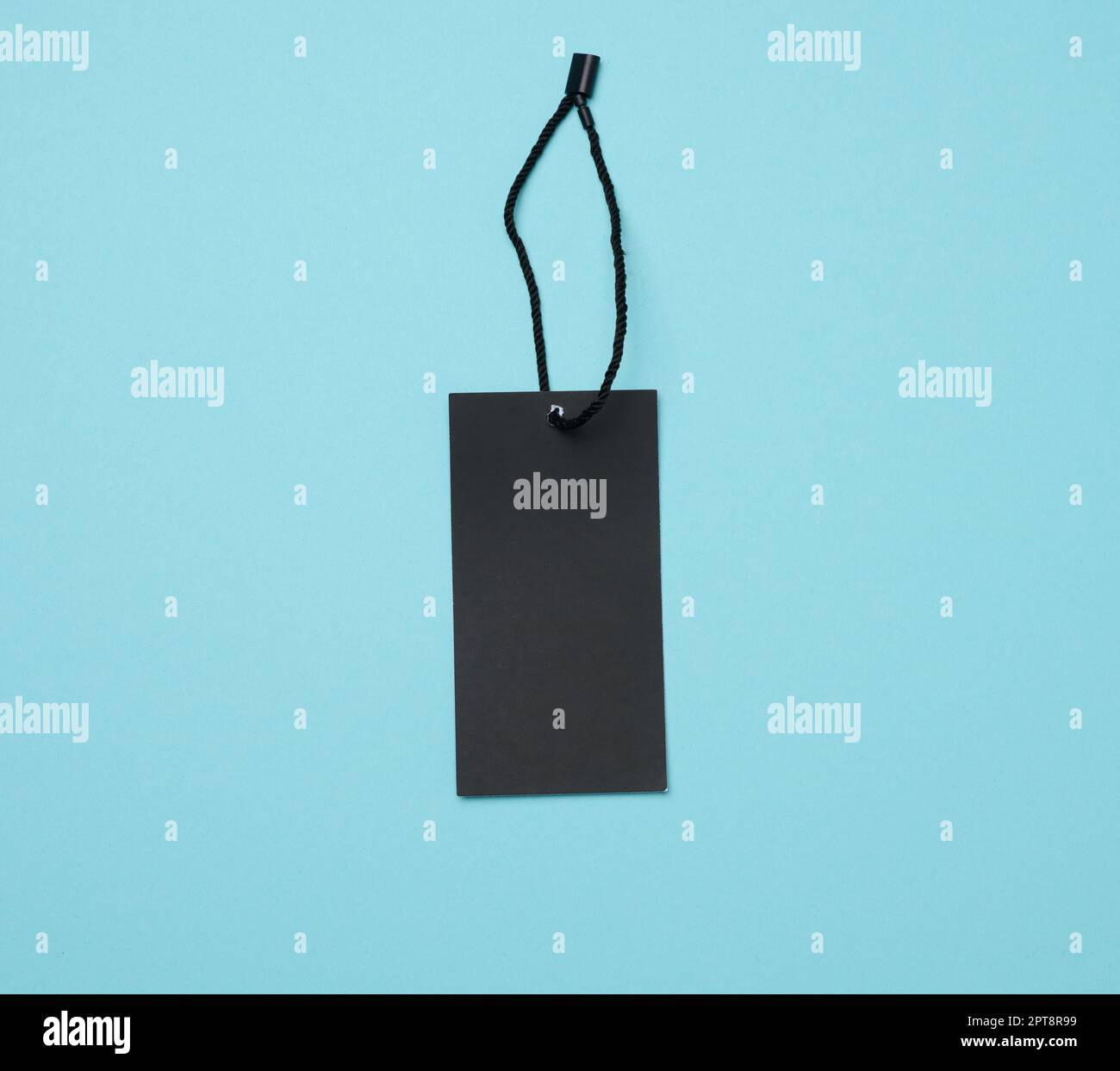 Empty black cardboard tag on a white rope, blue background. Price tag ...