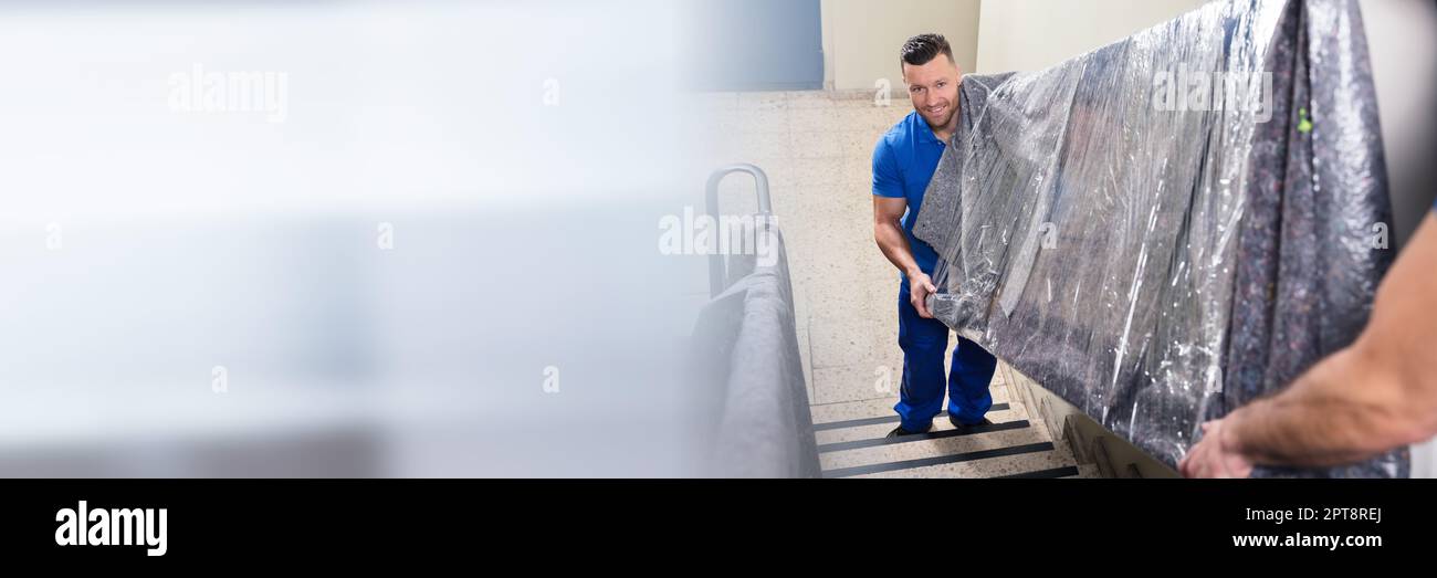 Professional Furniture Mover Carrying Heavy Sofa in House Stock Photo ...
