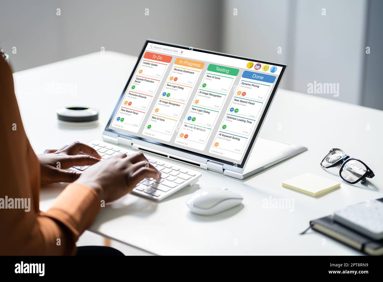 Kanban Project Schedule Management Software App On Laptop Stock Photo ...