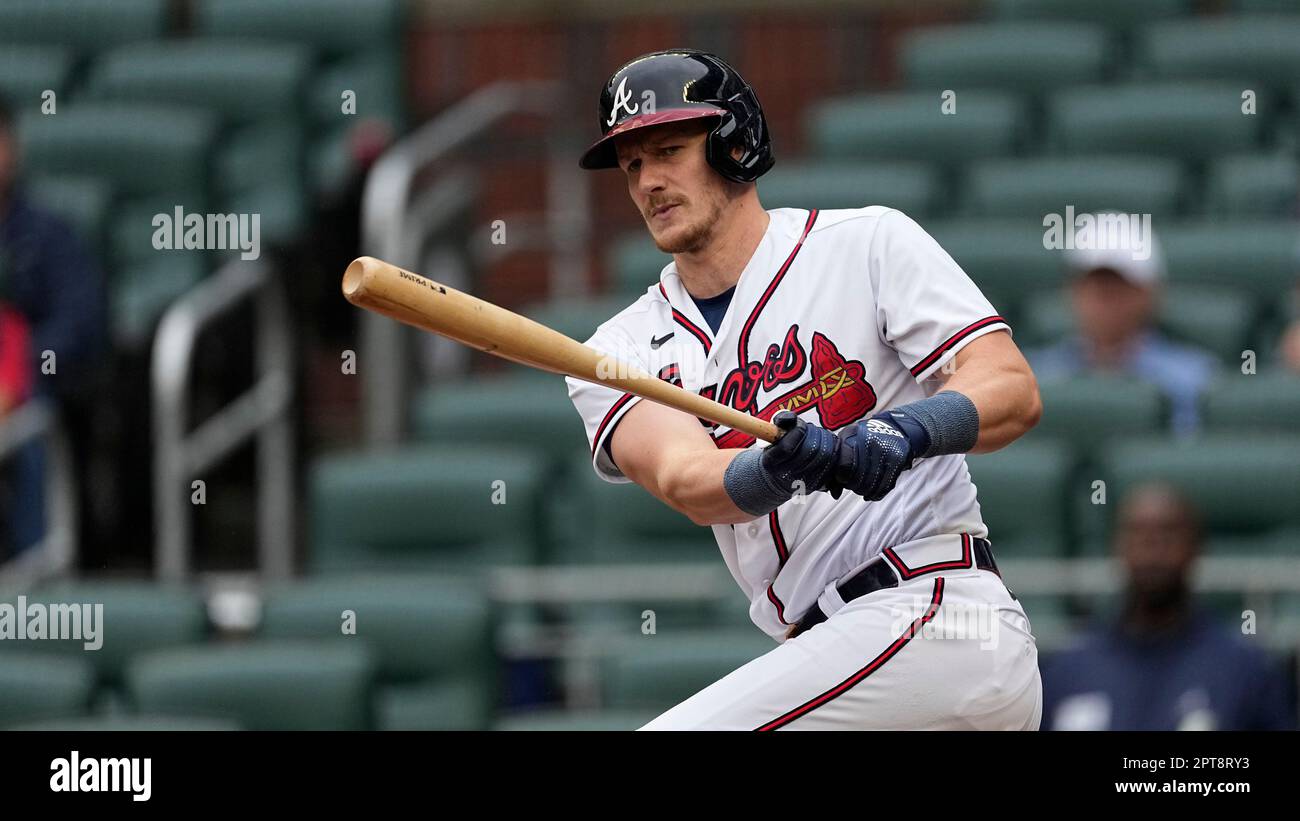 Atlanta Braves catcher Sean Murphy (12) bats against the Miami Marlins during a baseball game ...
