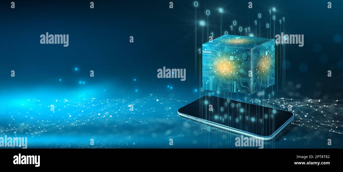 Cube computing technology internet and binary code on smart phone with ...
