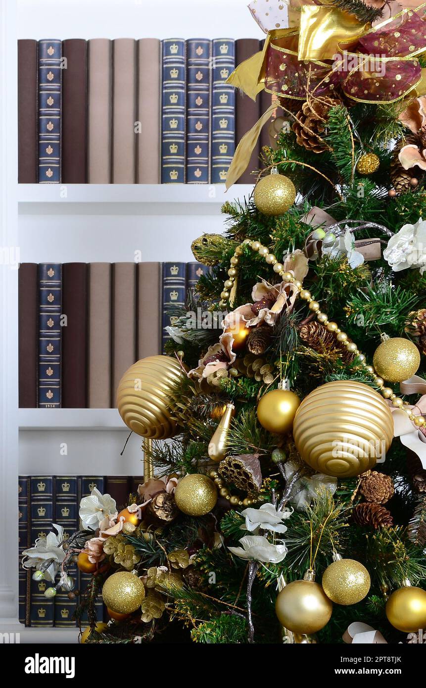 A beautiful decorated Christmas tree on the background of a bookshelf ...