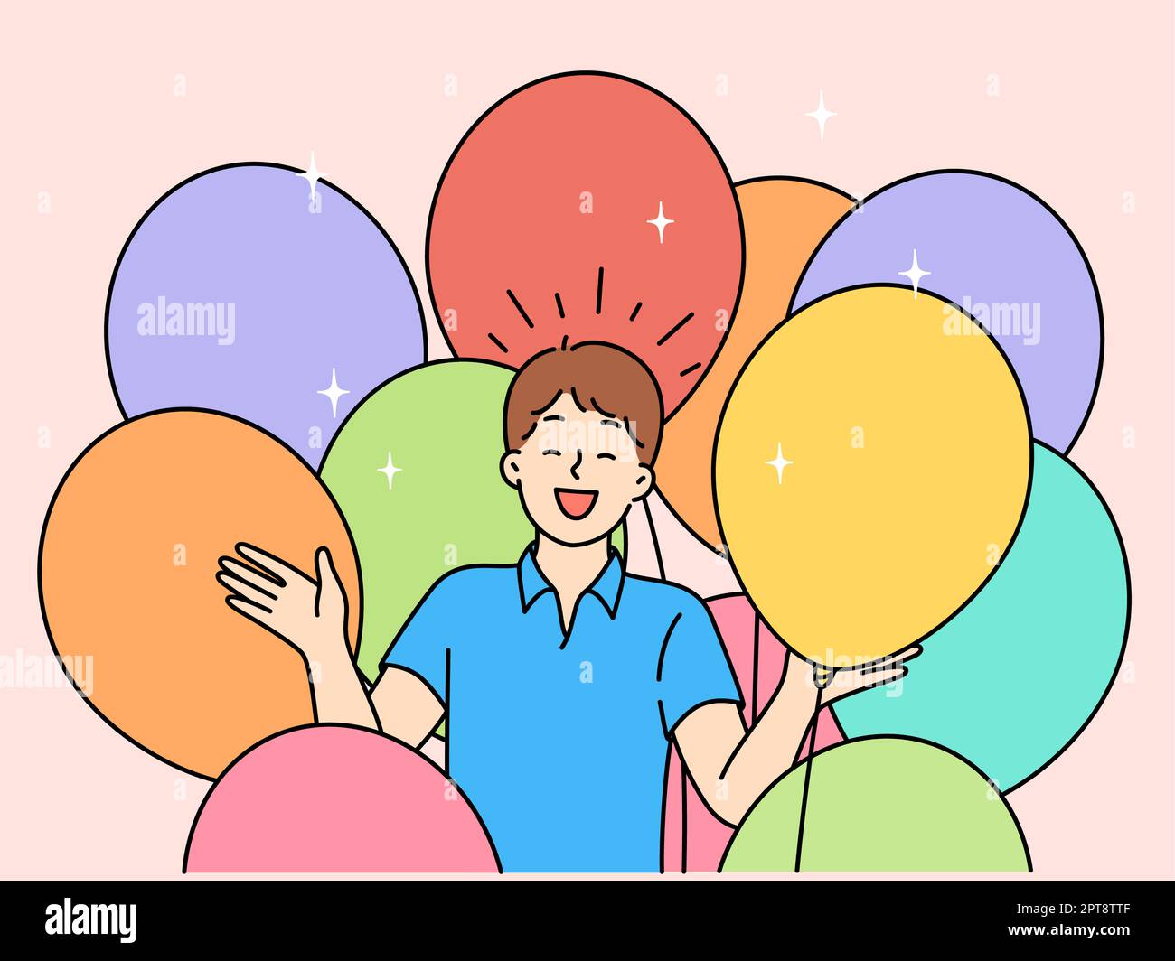 Overjoyed boy with balloons celebrating happy birthday. Smiling child ...