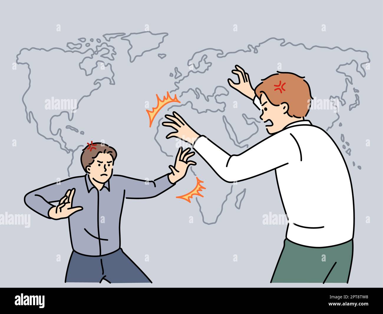 Furious businessmen fighting on world map background. Mad male ...