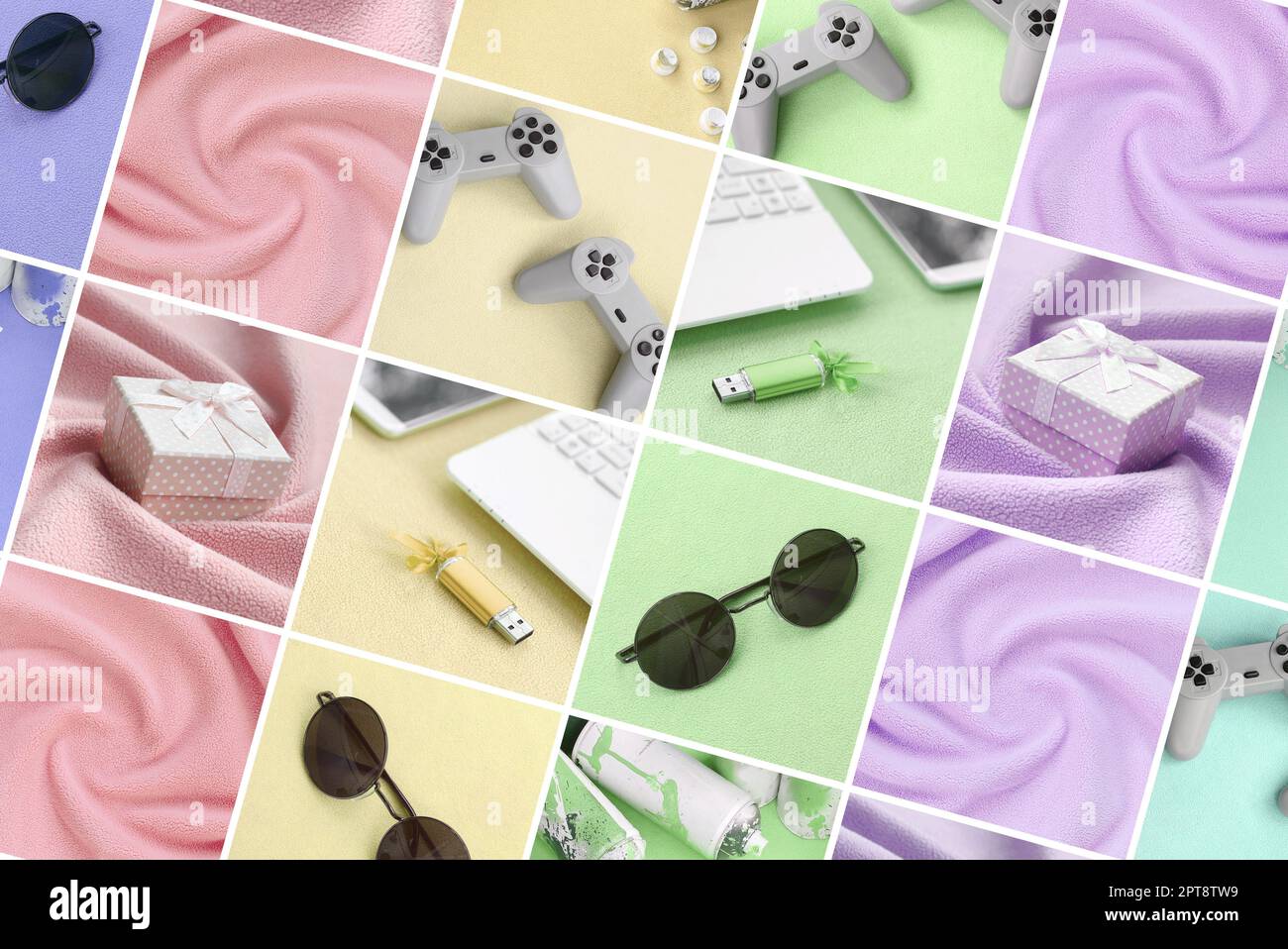 A set of pictures with fashionable youth objects on a soft fleece ...