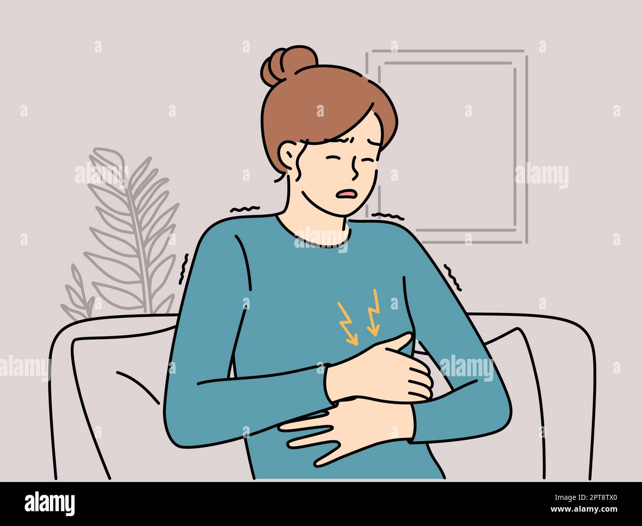 Unhealthy woman sit on couch suffer from stomachache. Unwell female ...