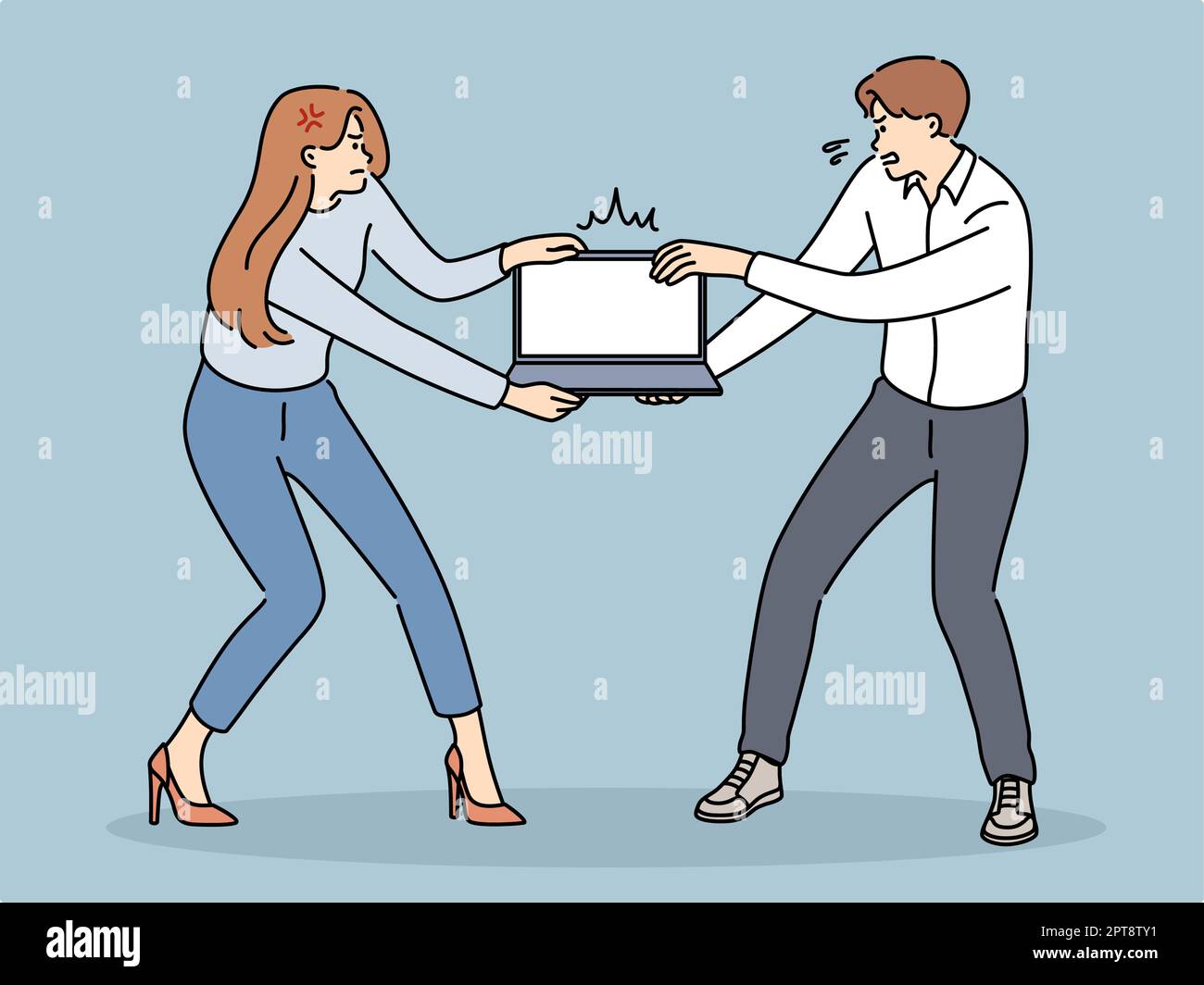 Angry businesspeople fighting for laptop at workplace. Stressed mad ...