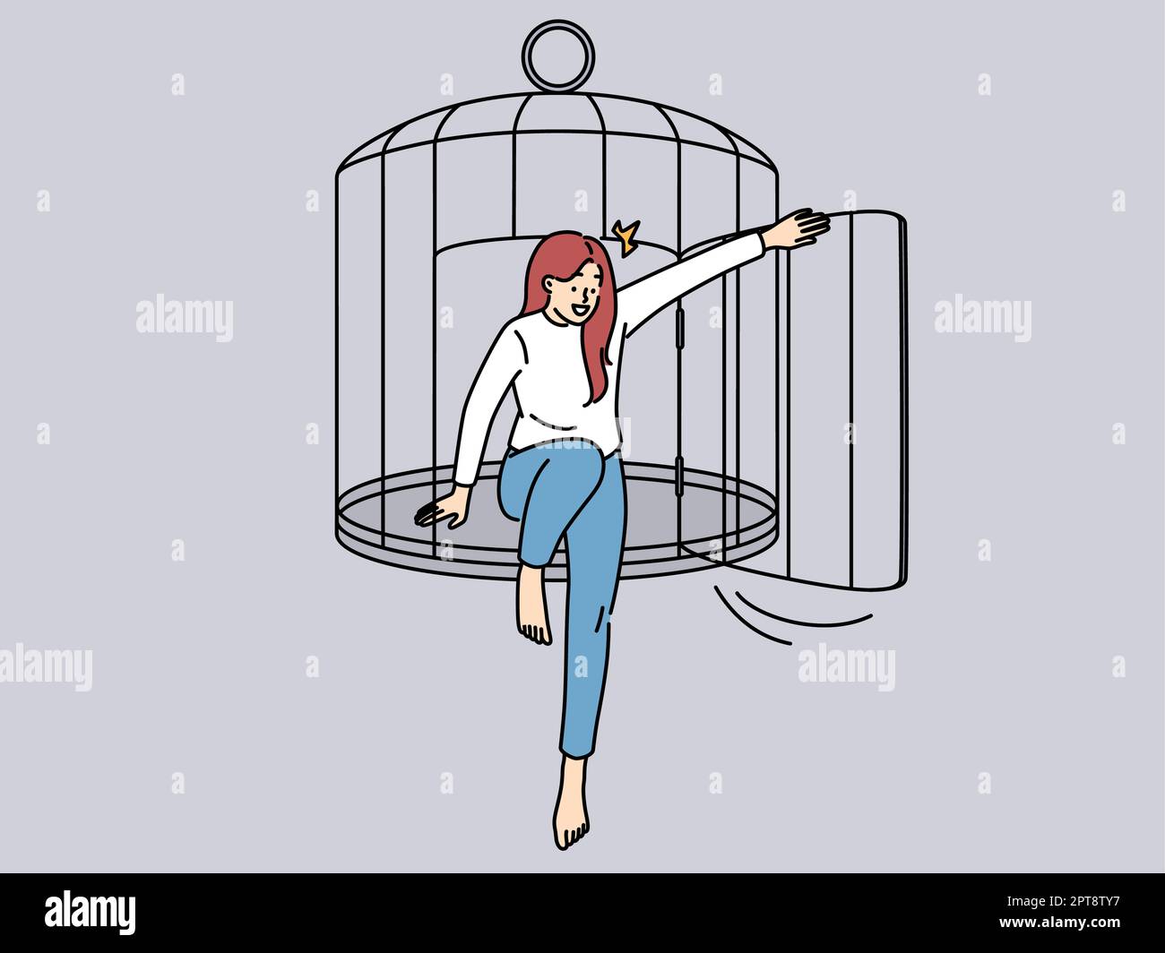 Happy young woman escape cage achieve freedom. Smiling girl quit ...