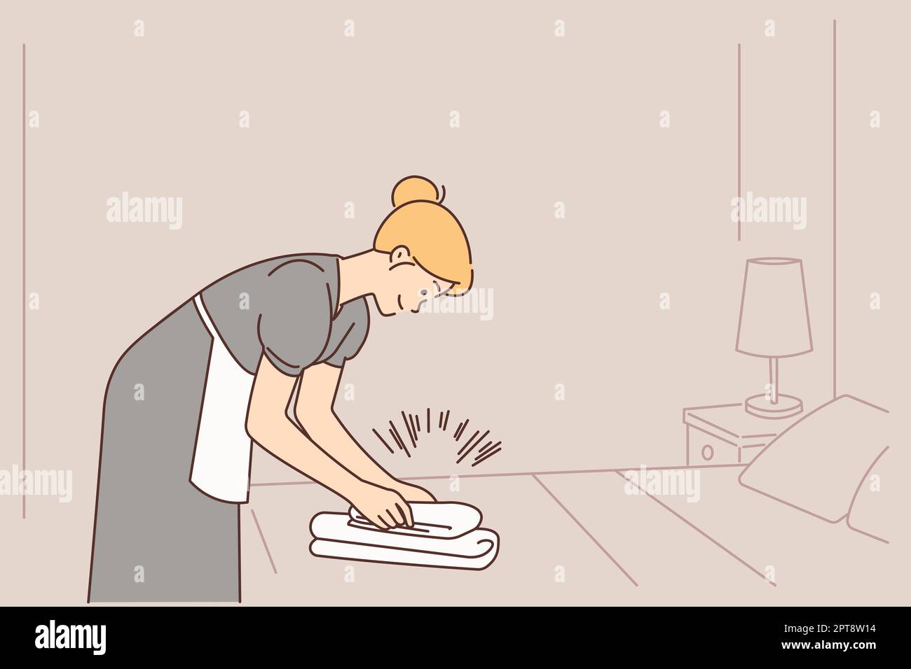 Smiling woman in uniform cleaning in hotel room. Happy female ...