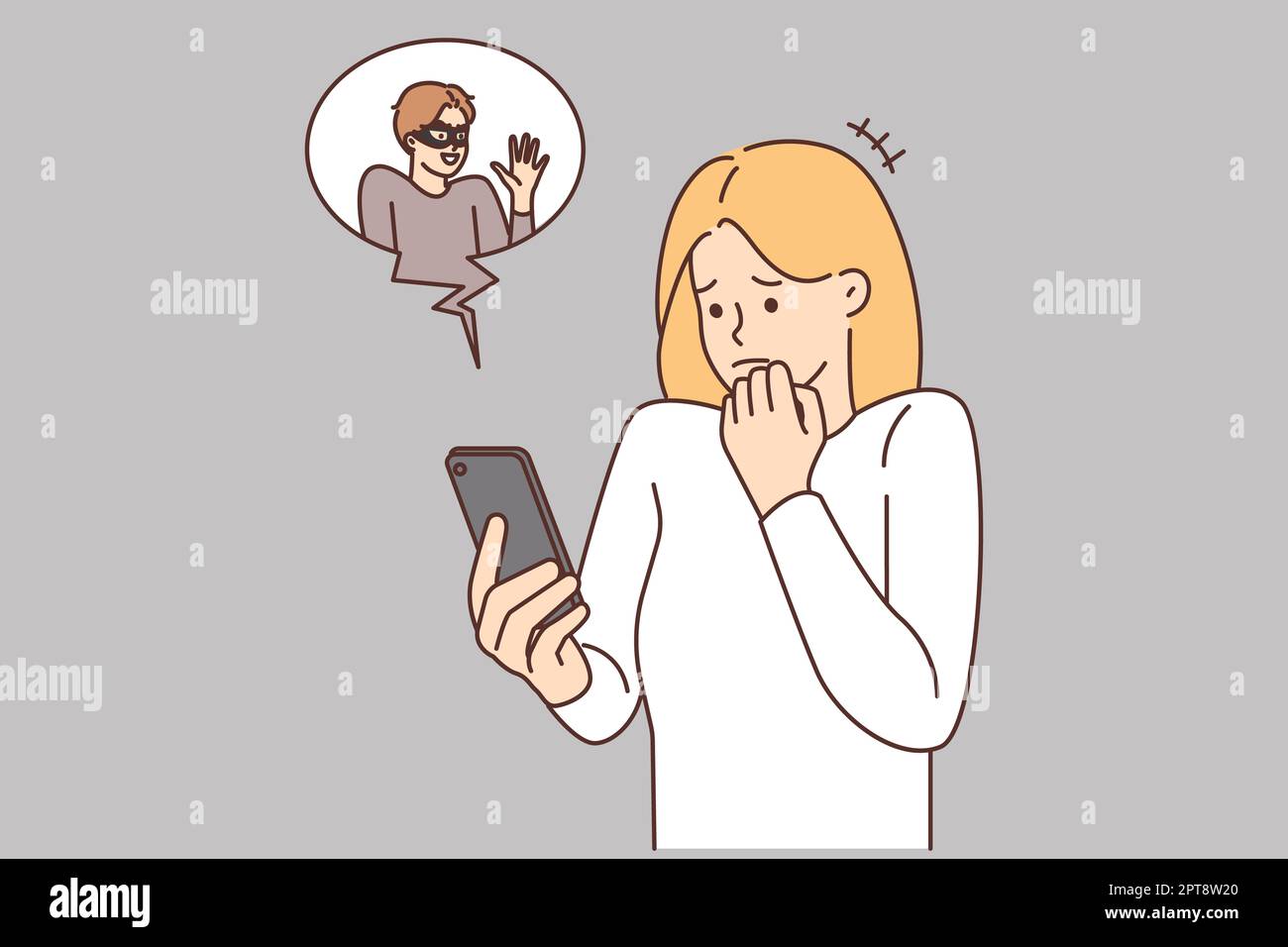 Scared woman look at cellphone screen frustrated with internet scam ...