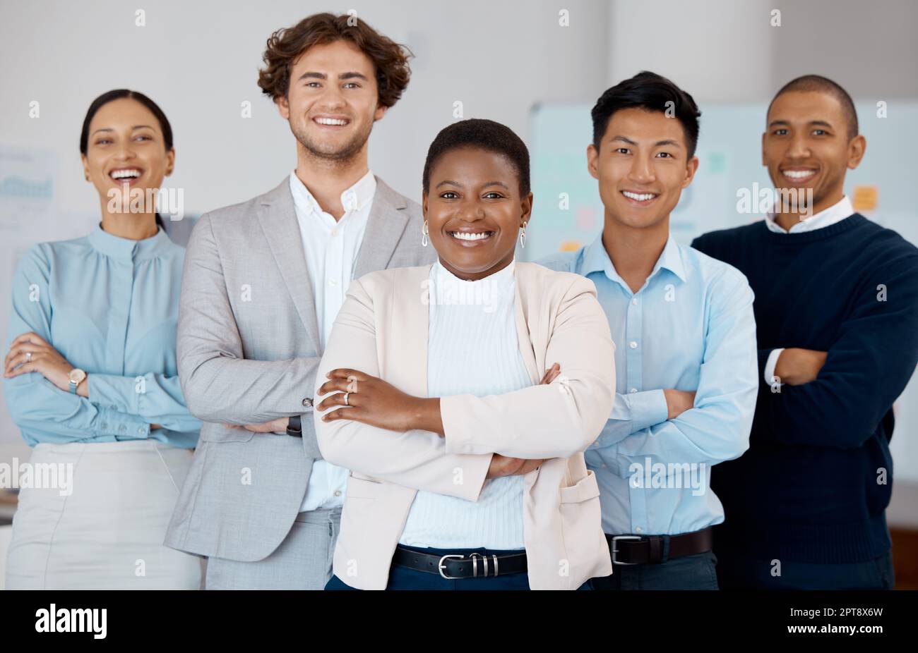 Corporate, smile and employees in business collaboration together in an ...