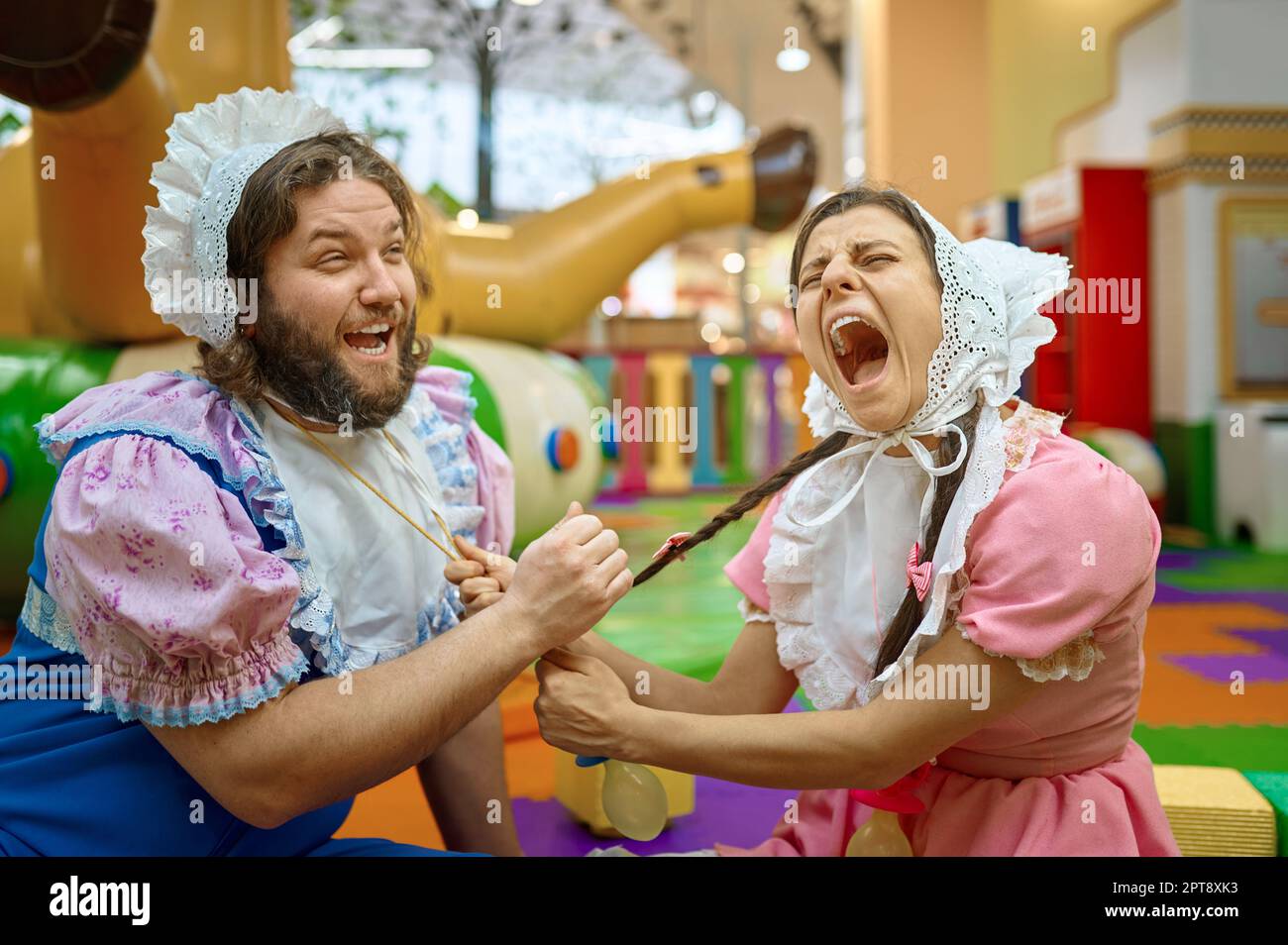 Crying screaming man woman wearing like babies fighting hurt each other ...