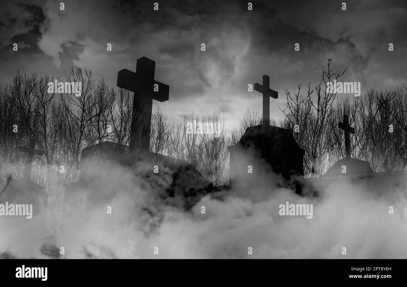 Halloween day concept. Cemetery or graveyard in the night with dark sky ...