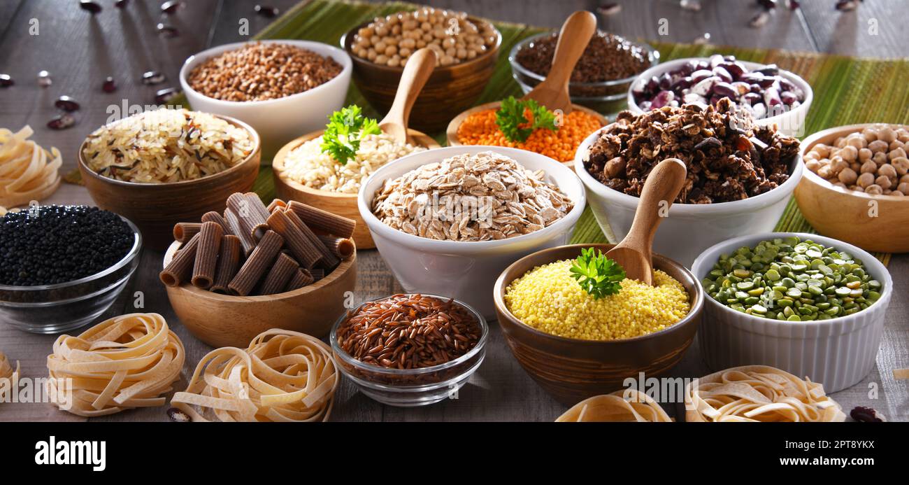 Composition with different kinds of dry food products Stock Photo - Alamy