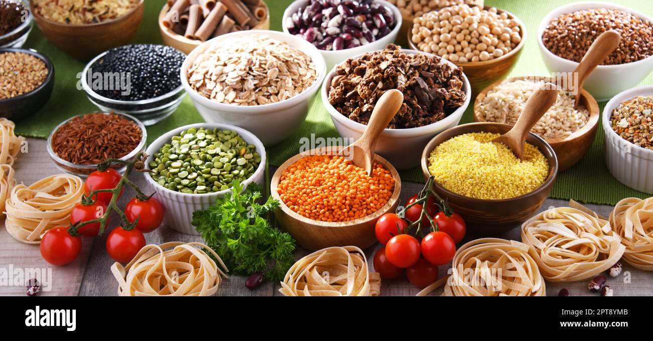 Composition with different kinds of dry food products Stock Photo - Alamy