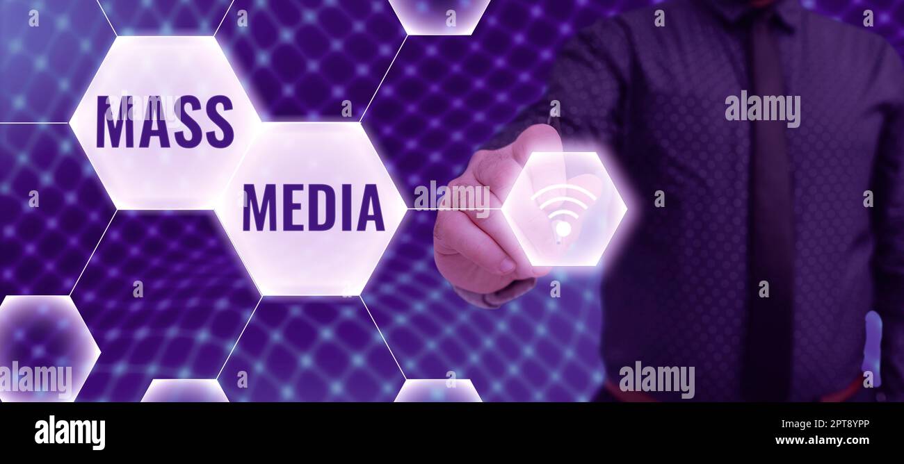 Sign displaying Mass Media, Internet Concept Group showing making news ...