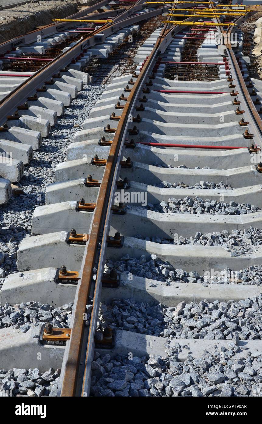 Fragment of tram rails at the stage of their installation and ...